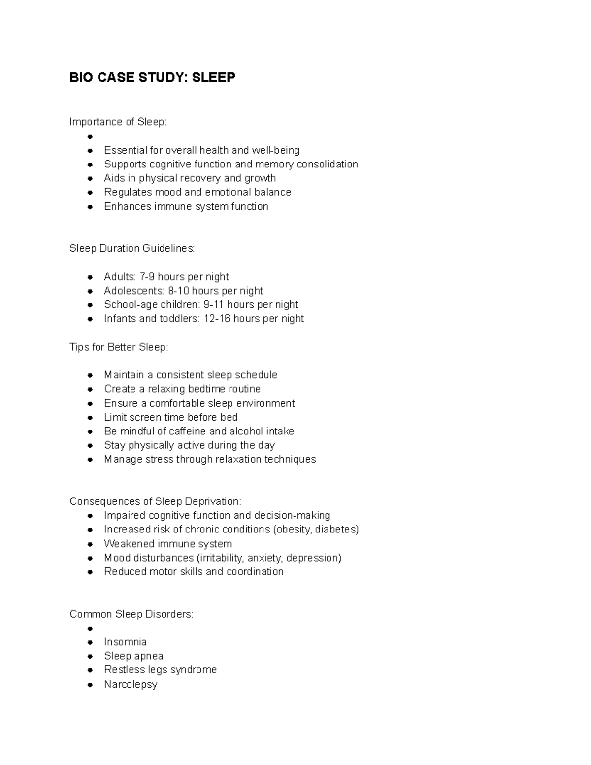 Notes for DNA and genetics - BIO CASE STUDY: SLEEP Importance of Sleep ...