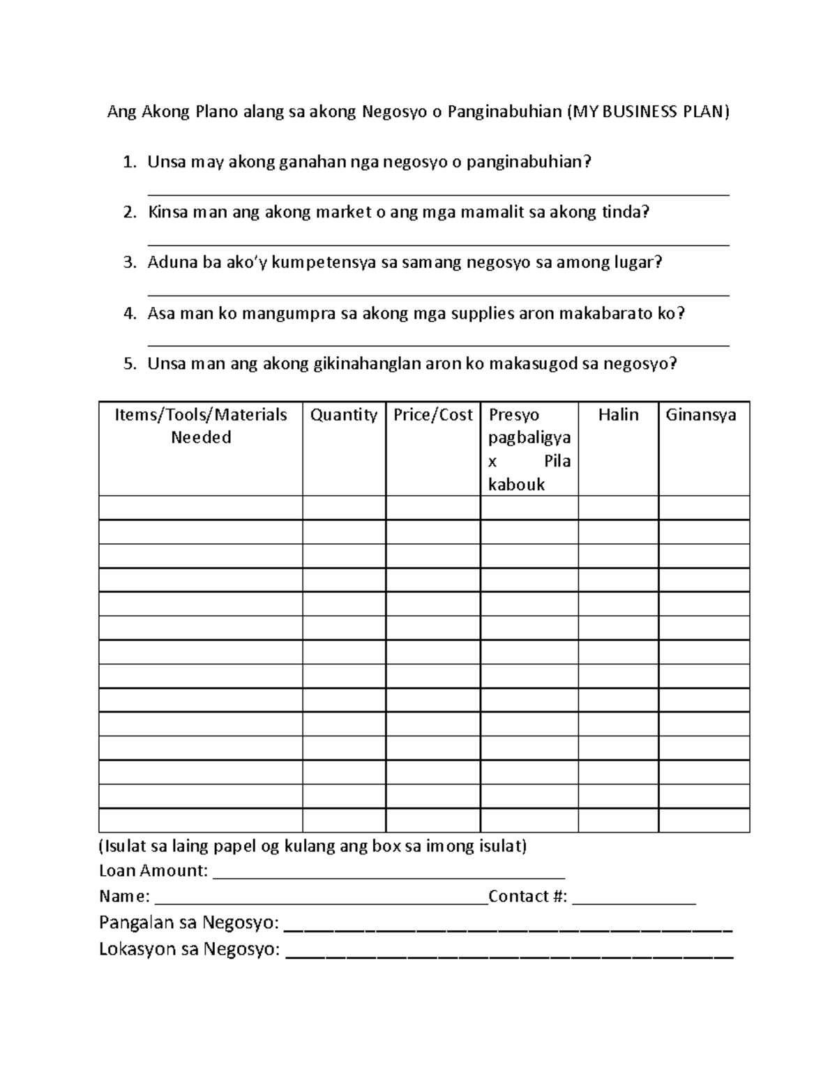 Ang Akong Plano alang sa akong Negosyo o Panginabuhian - Unsa may akong ...