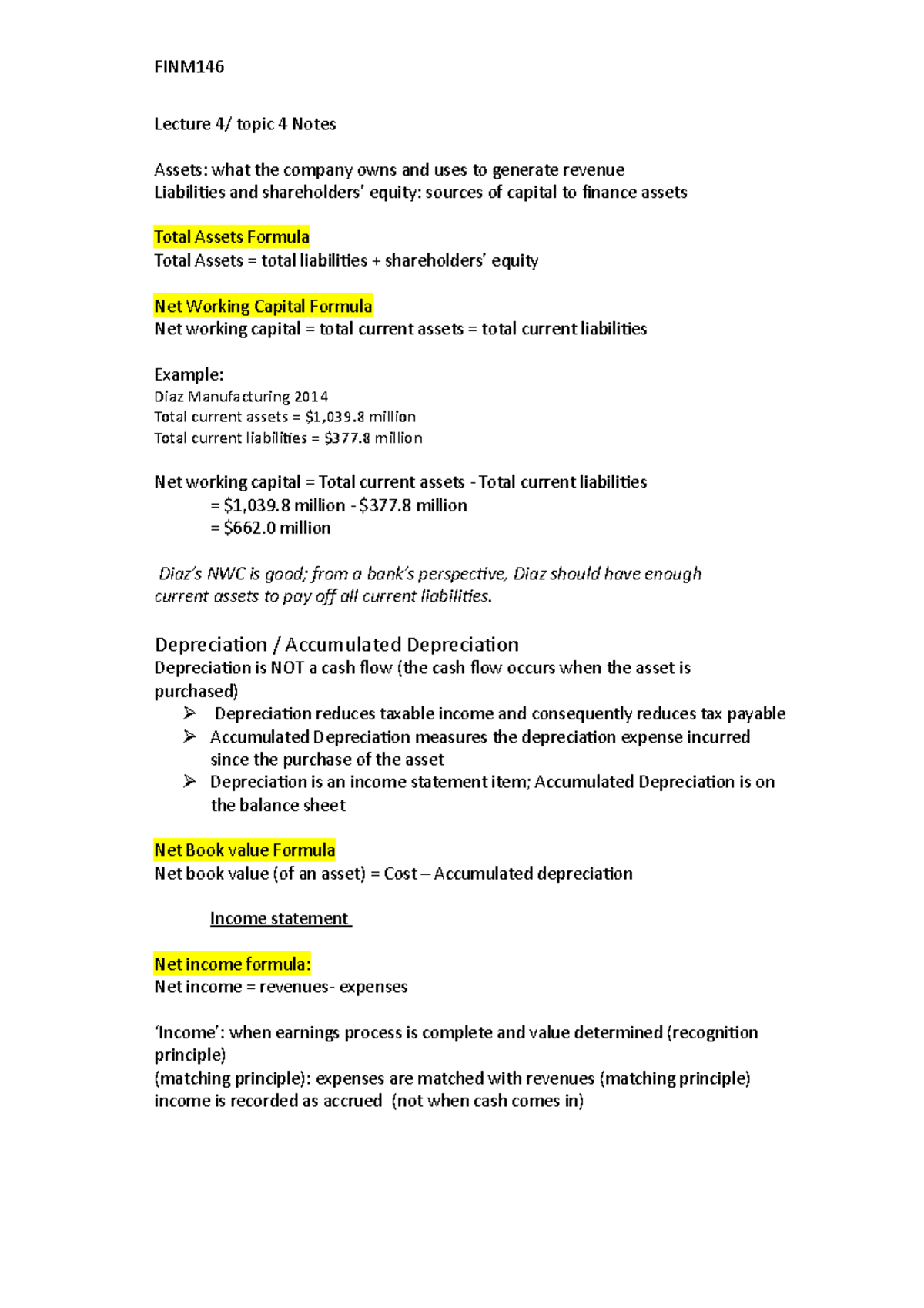Lecture 4 Notes Financial analysis - Lecture 4/ topic 4 Notes Assets ...