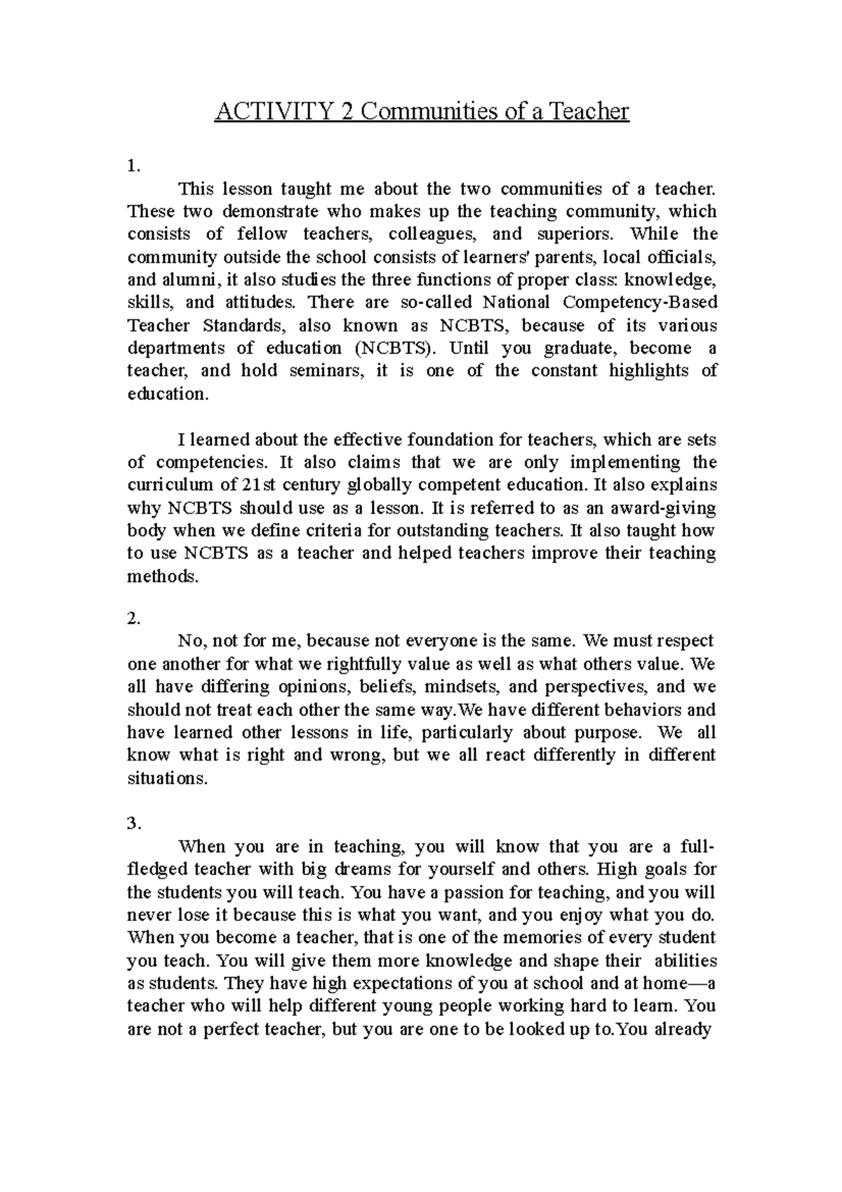 Activity 2 Communities of a Teacher - ACTIVITY 2 Communities of a ...