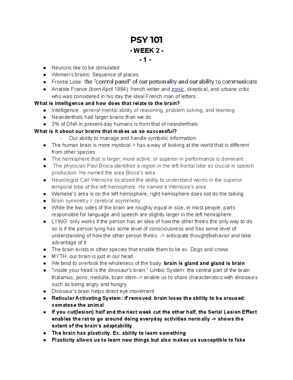 PSY 101 - Lecture notes All lectures - PSY 101 - WEEK 2 - 1 - Neurons ...