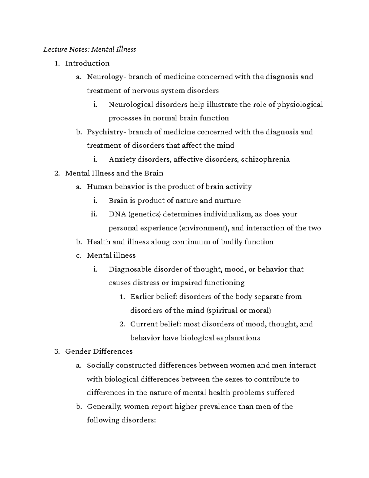 Chapter 22 Notes - Lecture Notes: Mental Illness 1. Introduction a ...
