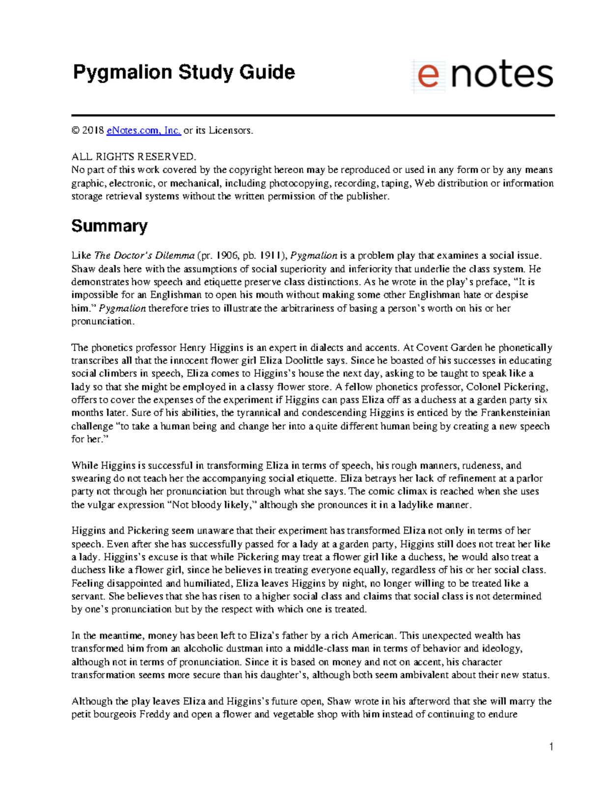 Enotes-pygmalion-guide - Pygmalion Study Guide © 2018 eNotes, Inc. or ...