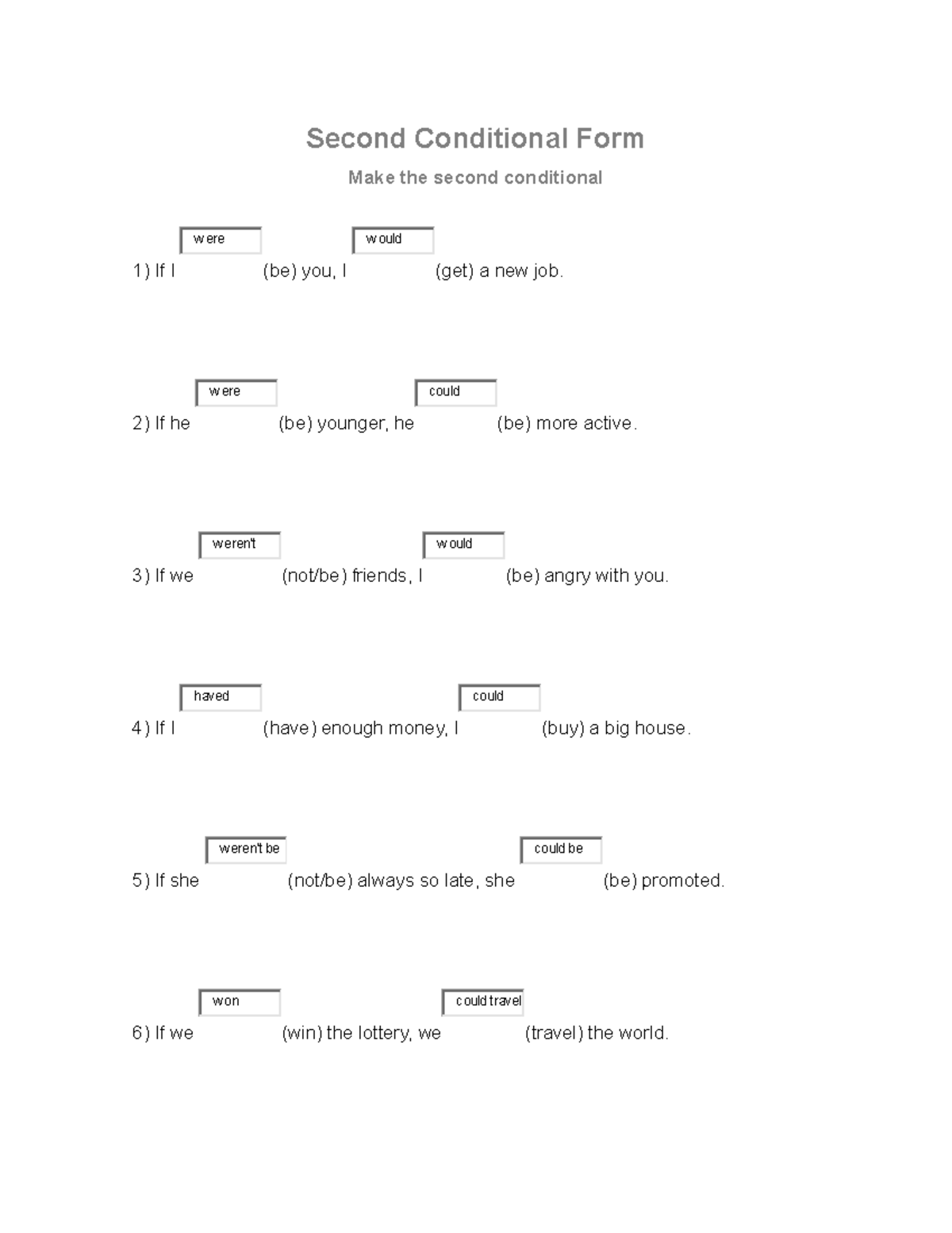 Second Conditional Exercises- reinforcement - Second Conditional Form ...