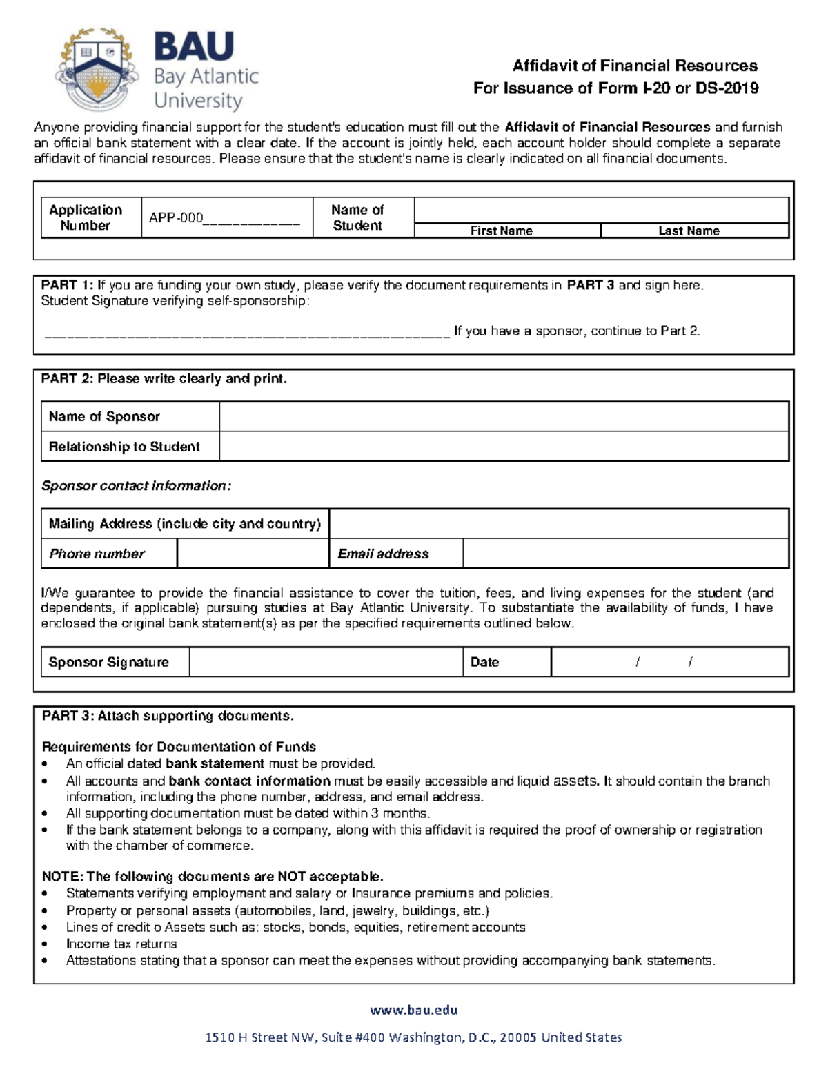 BAU Certificate of Sponsorship 4 - Affidavit of Financial Resources For ...