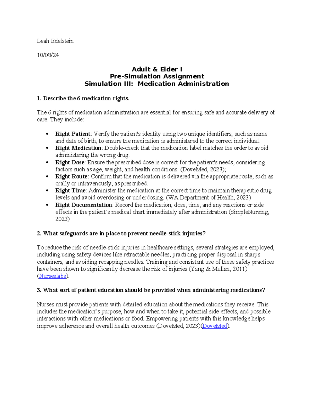 A+E PRE SIM 3 - sim - Leah Edelstein 10/08/ Adult & Elder I Pre-Simulation Assignment Simulation ...