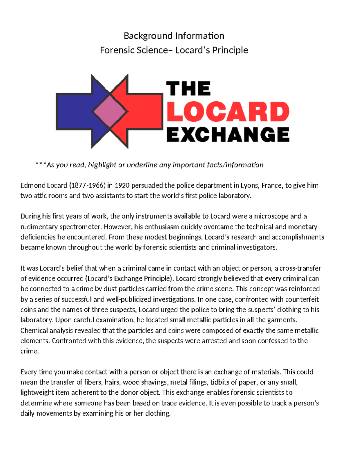 Locards principle lab text - Background Information Forensic Science ...