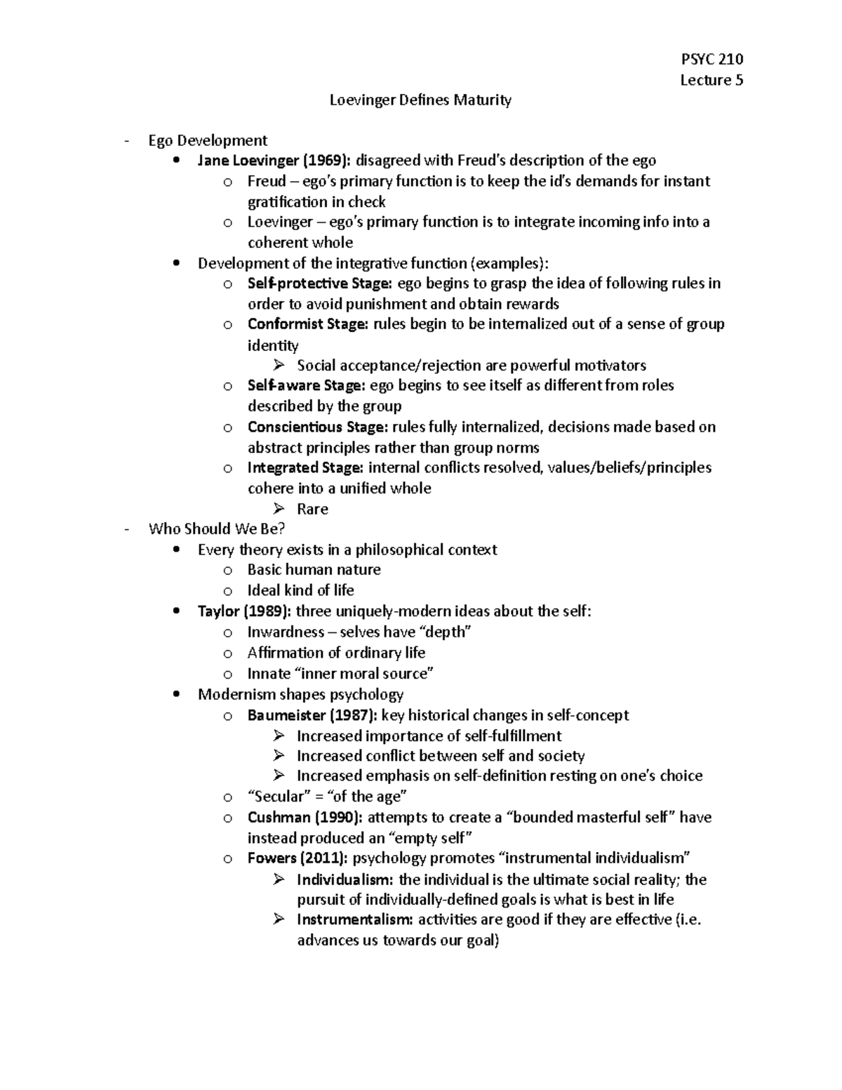 Lecture 5 - Class notes - PSYC 210 Lecture 5 Loevinger Defines Maturity ...