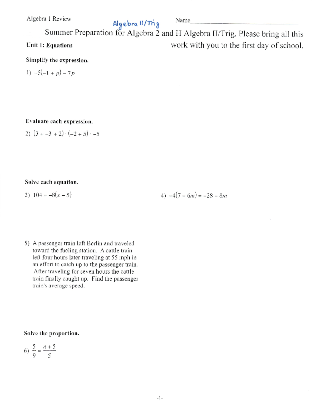 Algebra II, Algebra II & Trig, H Algebra II & Trig summer 2023 3 ...