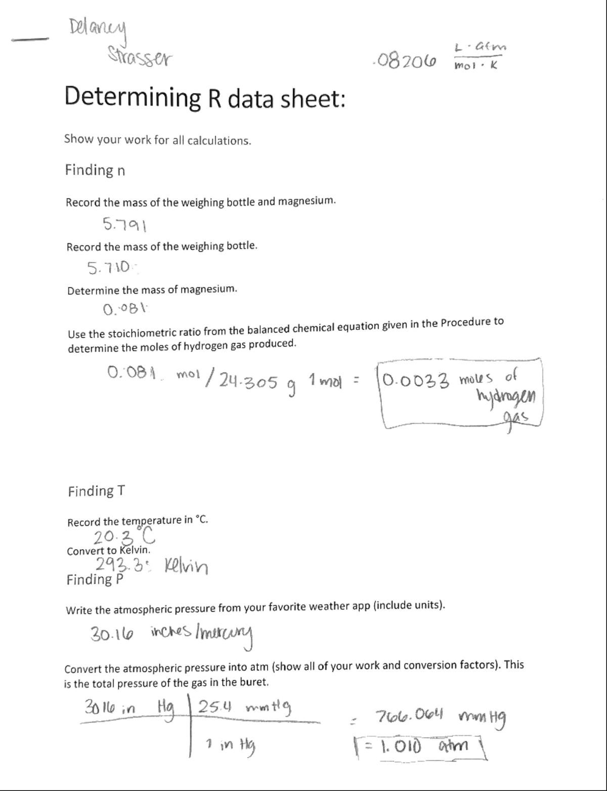 Determining R Data Sheet - Chem 105 Lab - CH 105 - Studocu