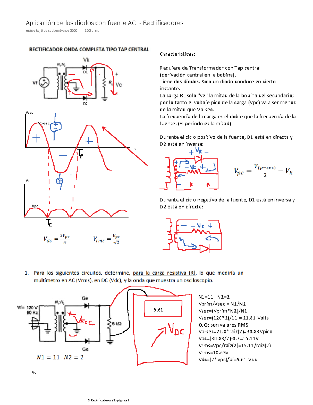 10 Rectificador de Onda Completa y Tap Central - Vsec CaracterÌsticas: Requiere de Transformador ...