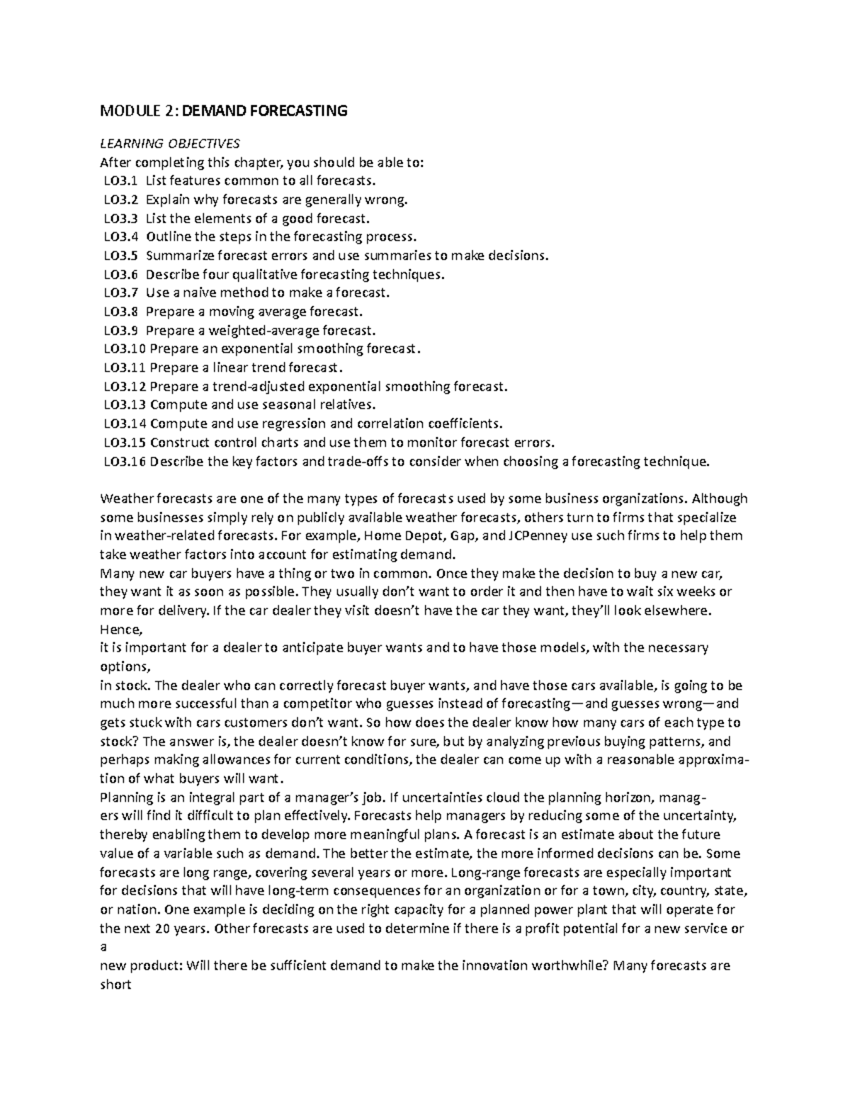 Module 2 Demand Forecasting - MODULE 2: DEMAND FORECASTING LEARNING OBJECTIVES After completing ...