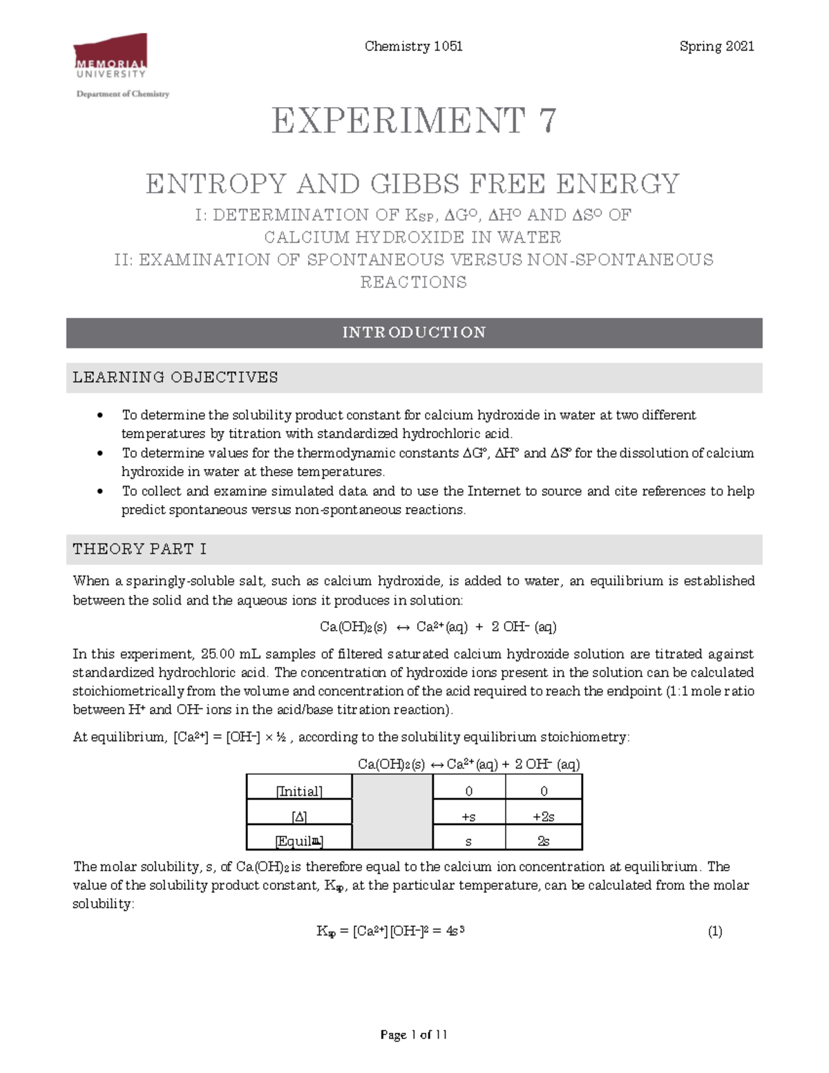 1051 Practice Exp7 Entropy and Gibbs Energy S2021 - Chemistry 1051 ...