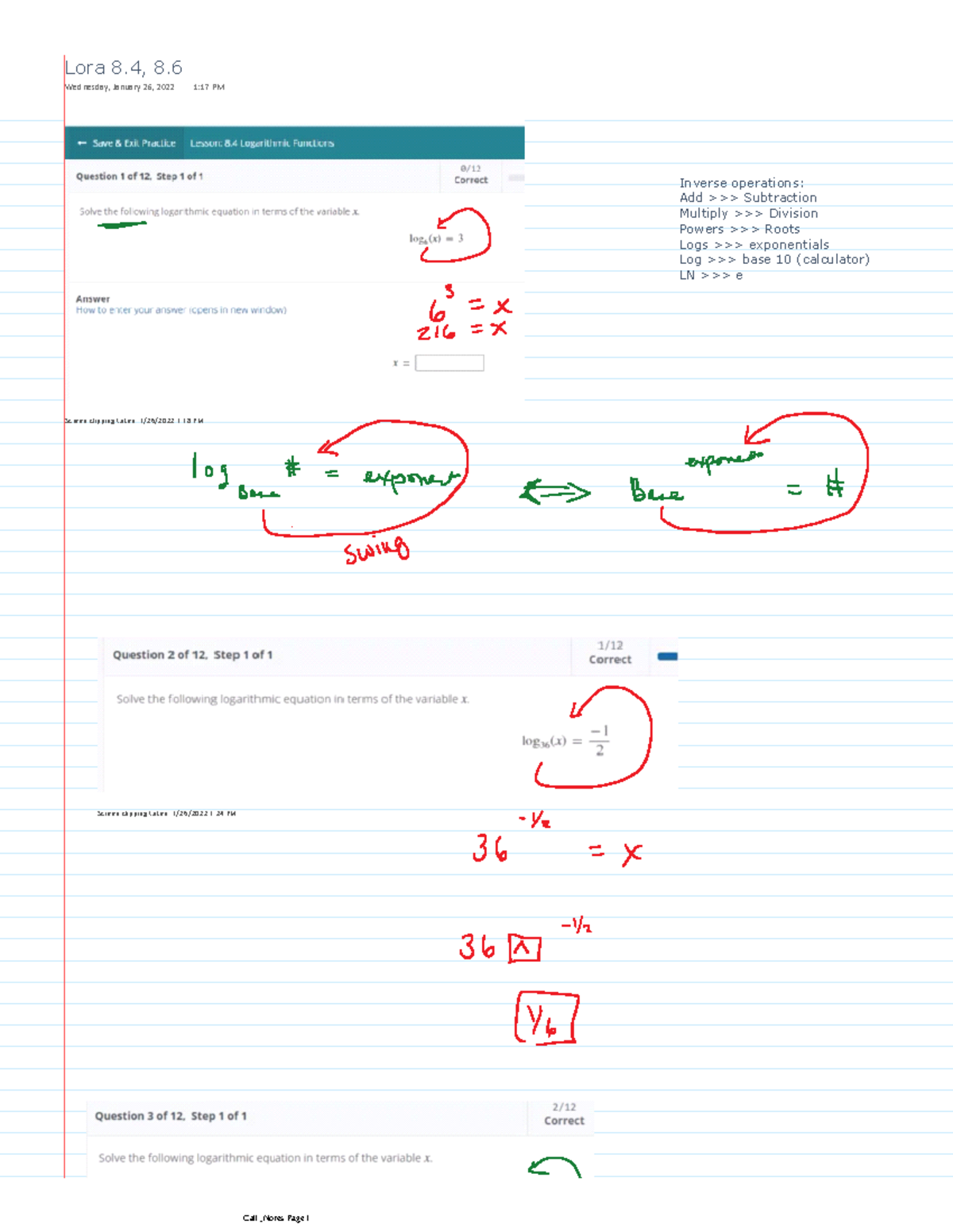 Algebra logarithmic function notes - Screen clipping taken: 1/26/2022 1 ...