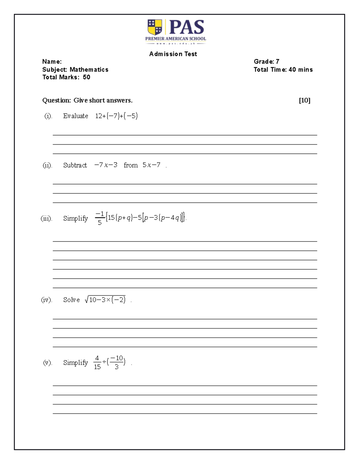 Admission test gr 7 - fgffgf - Admission Test Name: Grade: 7 Subject ...