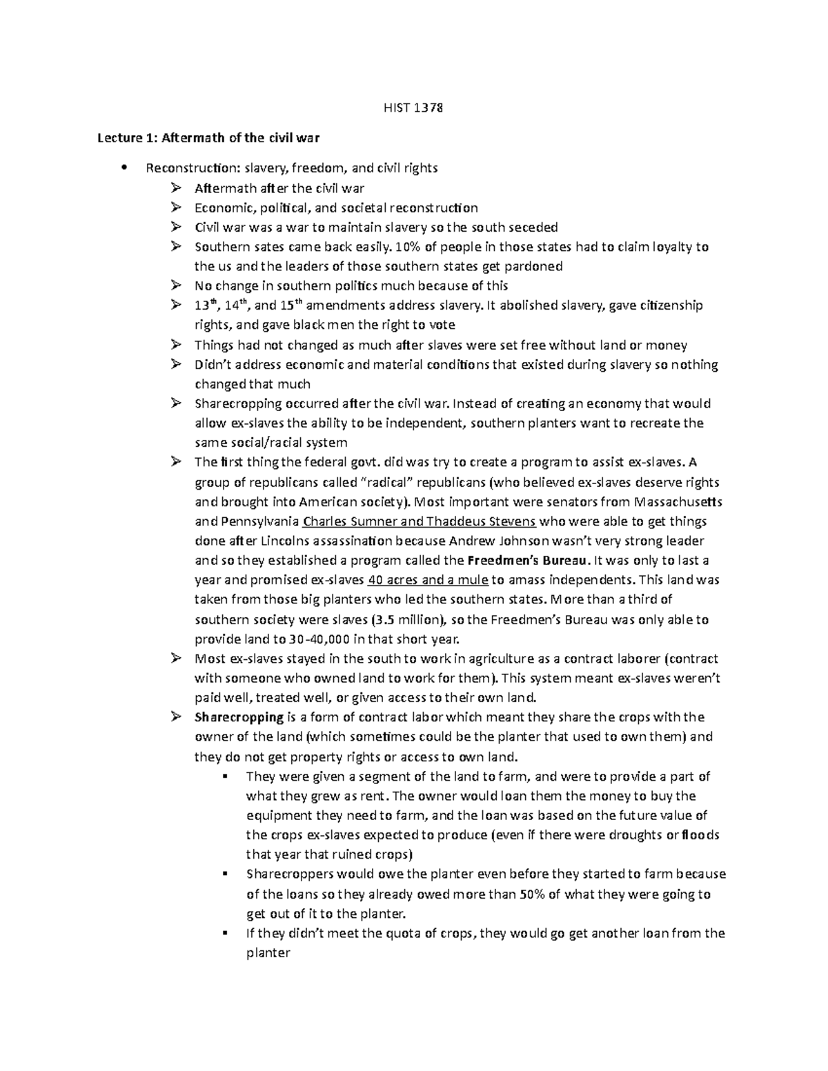 HIST 1378 - Lecture notes 1-6 - HIST 1378 Lecture 1: Atermath of the ...