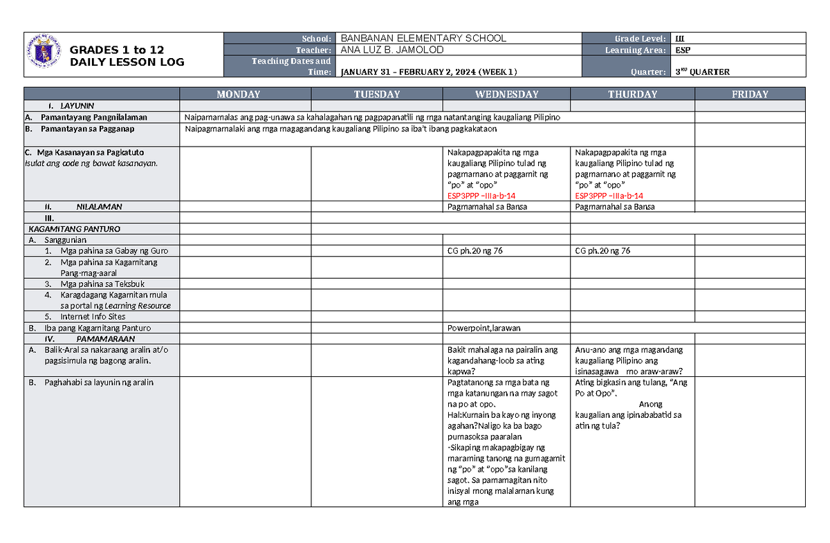 DLL ESP 3 Q3 W1 - pratice materials - GRADES 1 to 12 DAILY LESSON LOG ...
