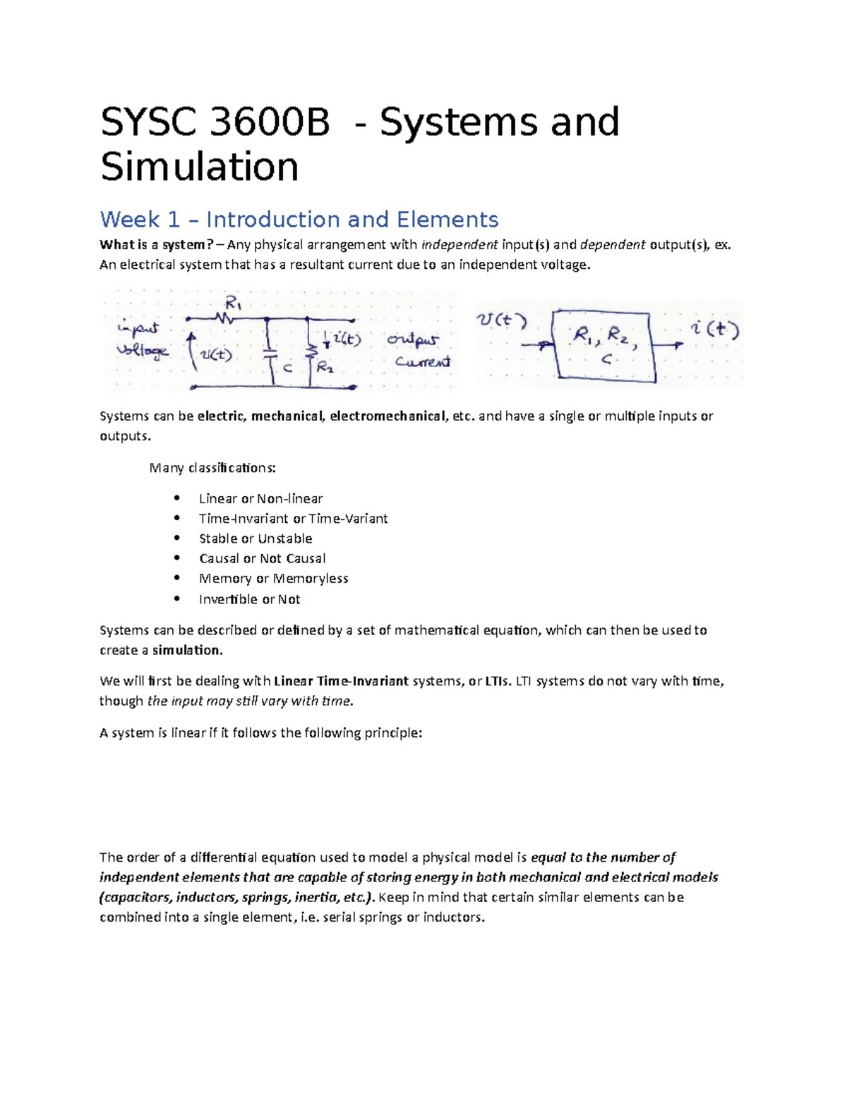 SYSC3600 - Notes - SYSC 3600B - Systems and Simulation Week 1 ...