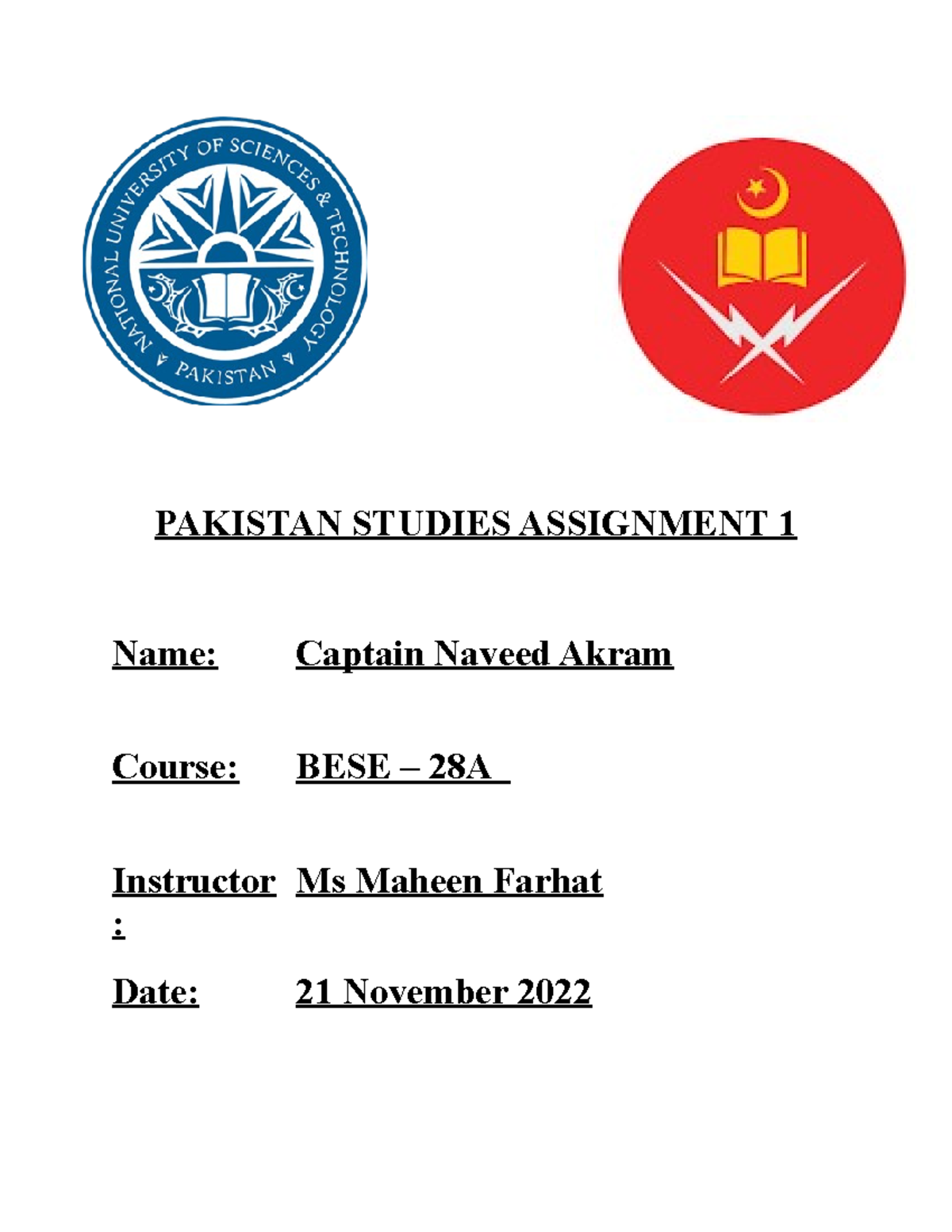 Capt Naveed - 28A Pak studies Assignment - PAKISTAN STUDIES ASSIGNMENT ...