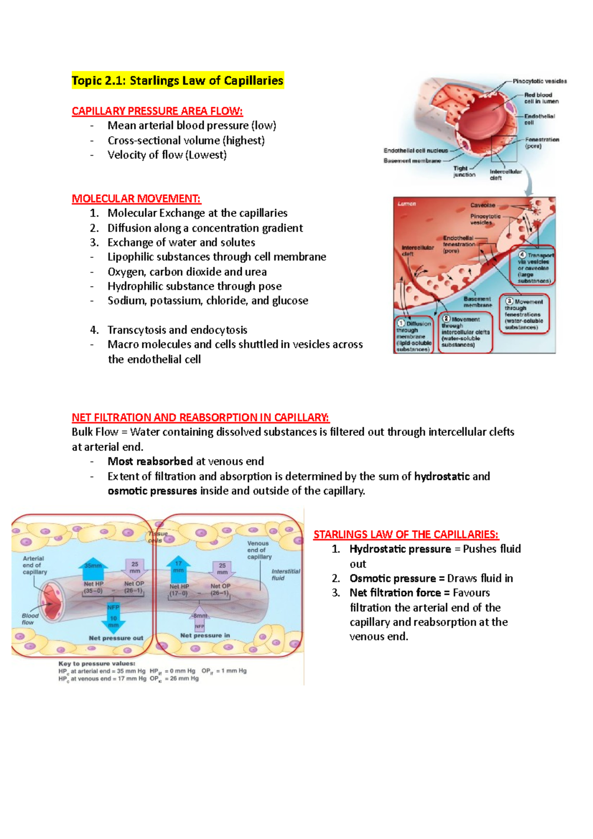 Module 2 - Lymphatics and Blood Pt1 - Topic 2: Starlings Law of Capillaries CAPILLARY PRESSURE ...