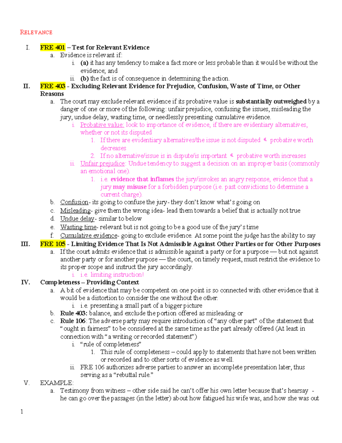 Evidence outline - RELEVANCE I. FRE 401 – Test for Relevant Evidence a ...