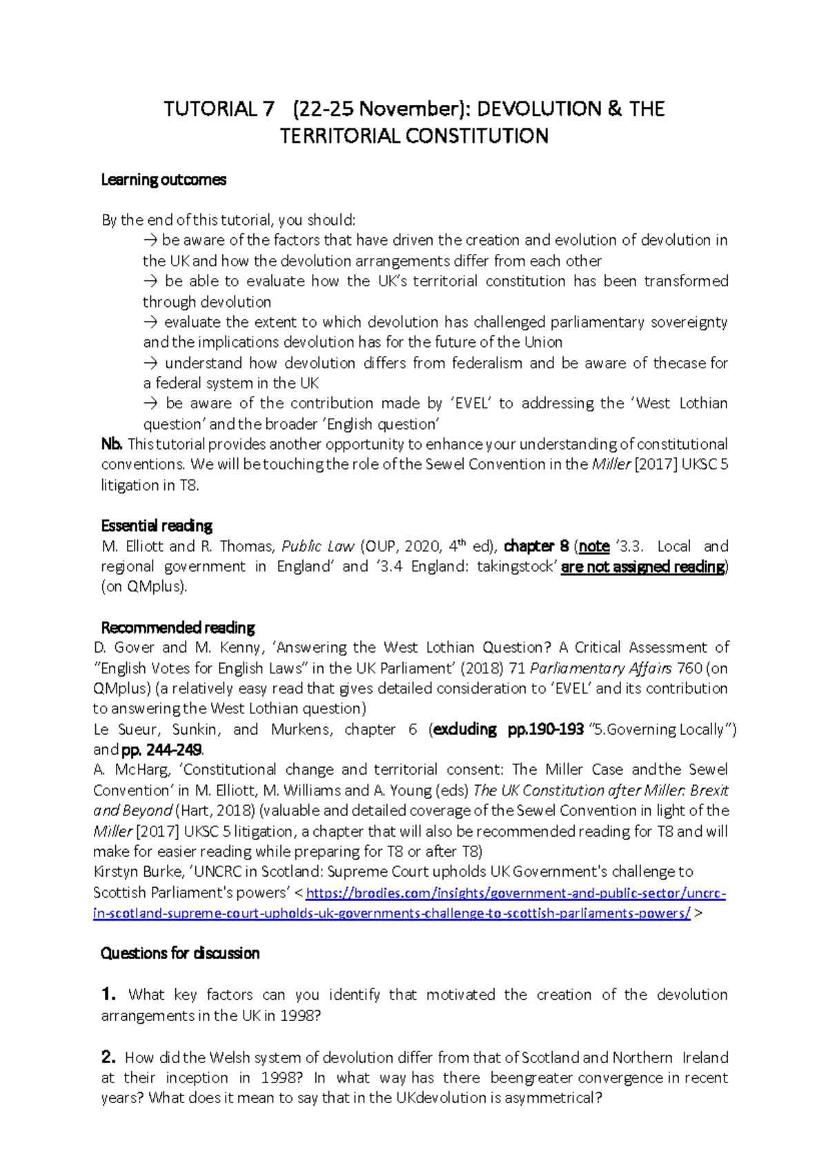 TUTORIAL 7 DEVOLUTION AND THE TERRITORIAL CONSTITUTION - LAW4001 - QMUL - Studocu