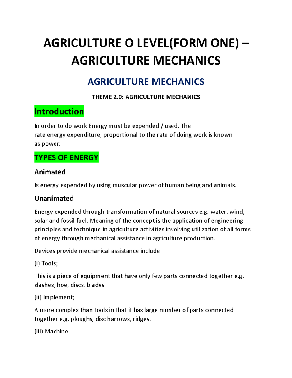 Agriculture O Level(FORM ONE) Agriculture Mechanics Study Notes ...