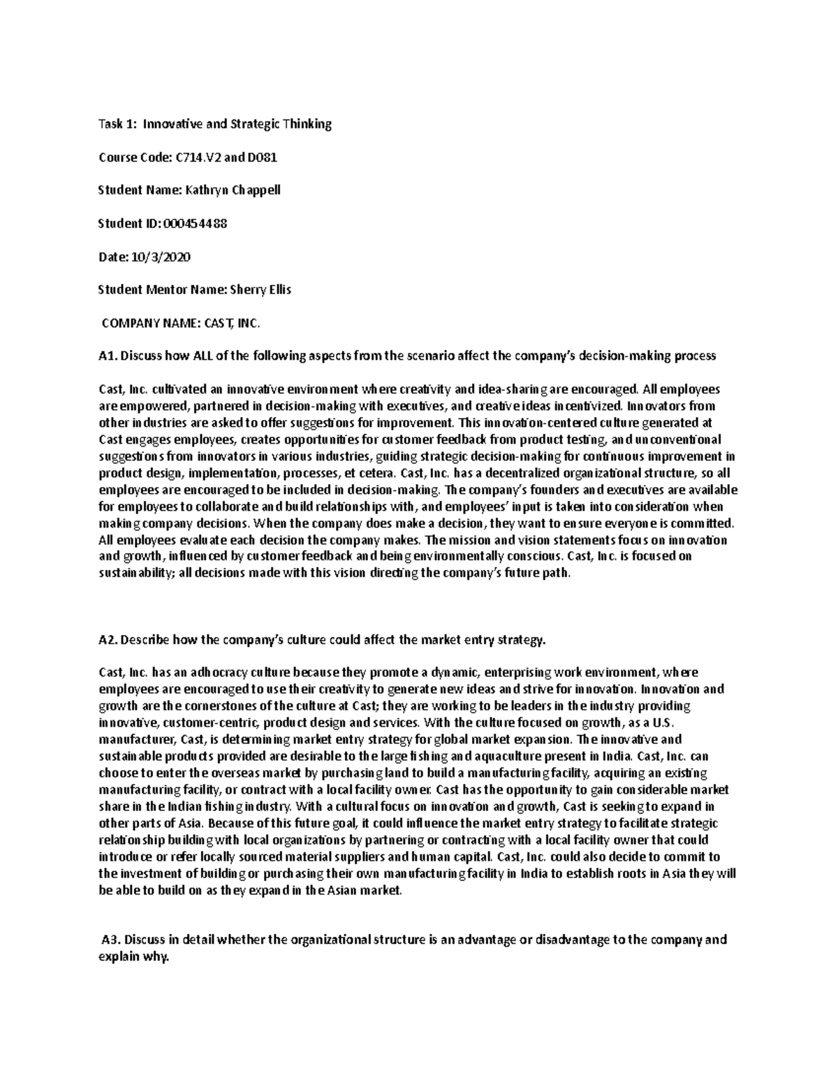 C714 Business Strategy Task 1 - Task 1: Innovative and Strategic ...