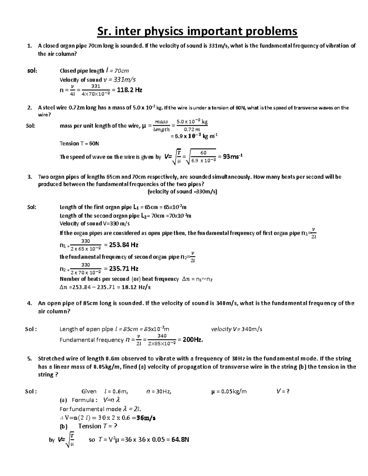 2physics Problems-converted - Sr. inter physics important problems 1. A closed organ pipe 70cm ...