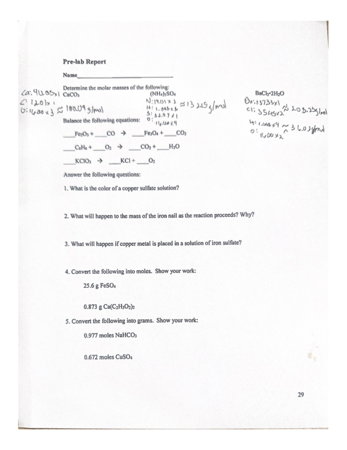 Pre-lab Report - CHE 101 - Studocu