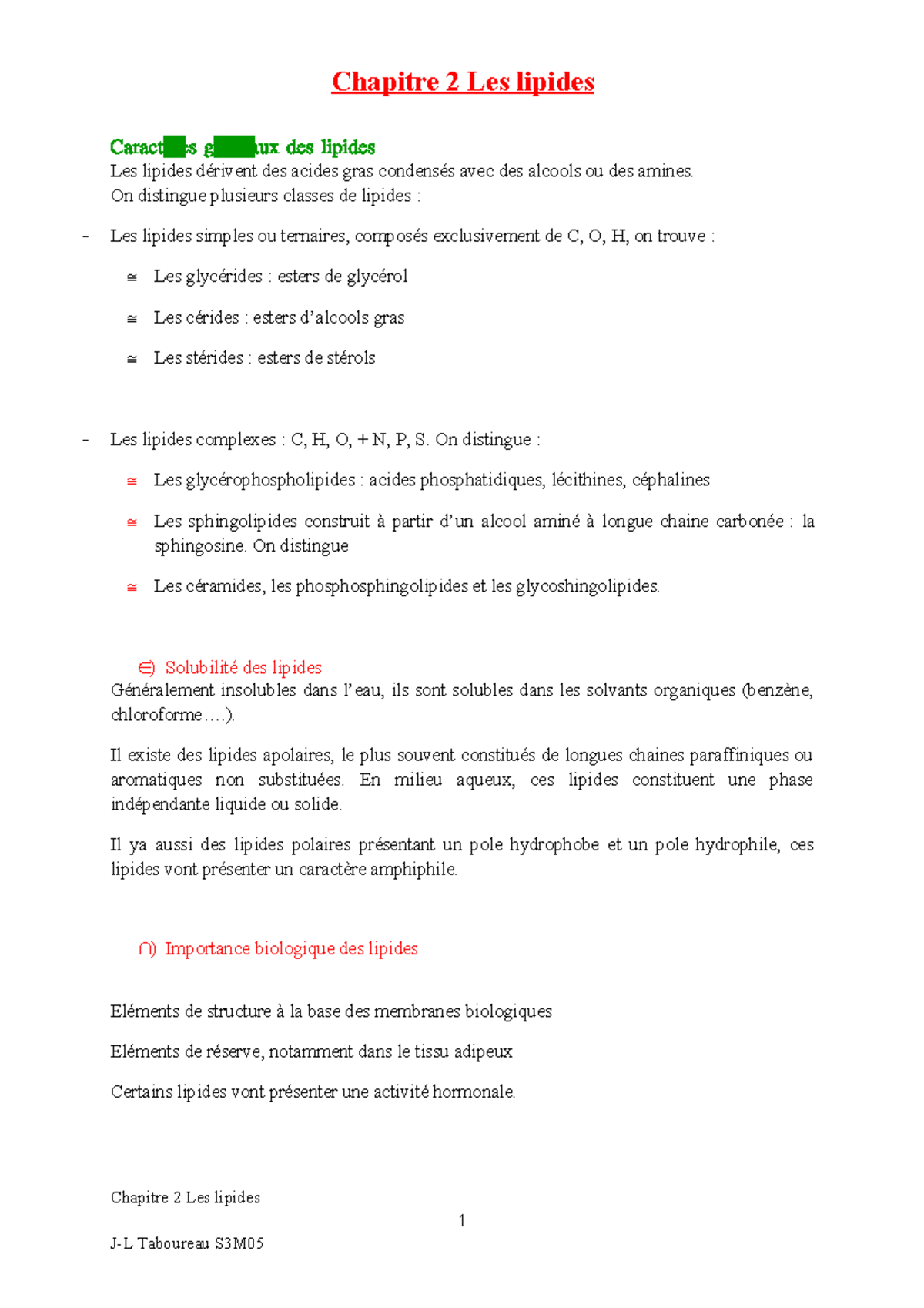 Lipides biochimie structurale - Chapitre 2 Les lipides Caractères ...
