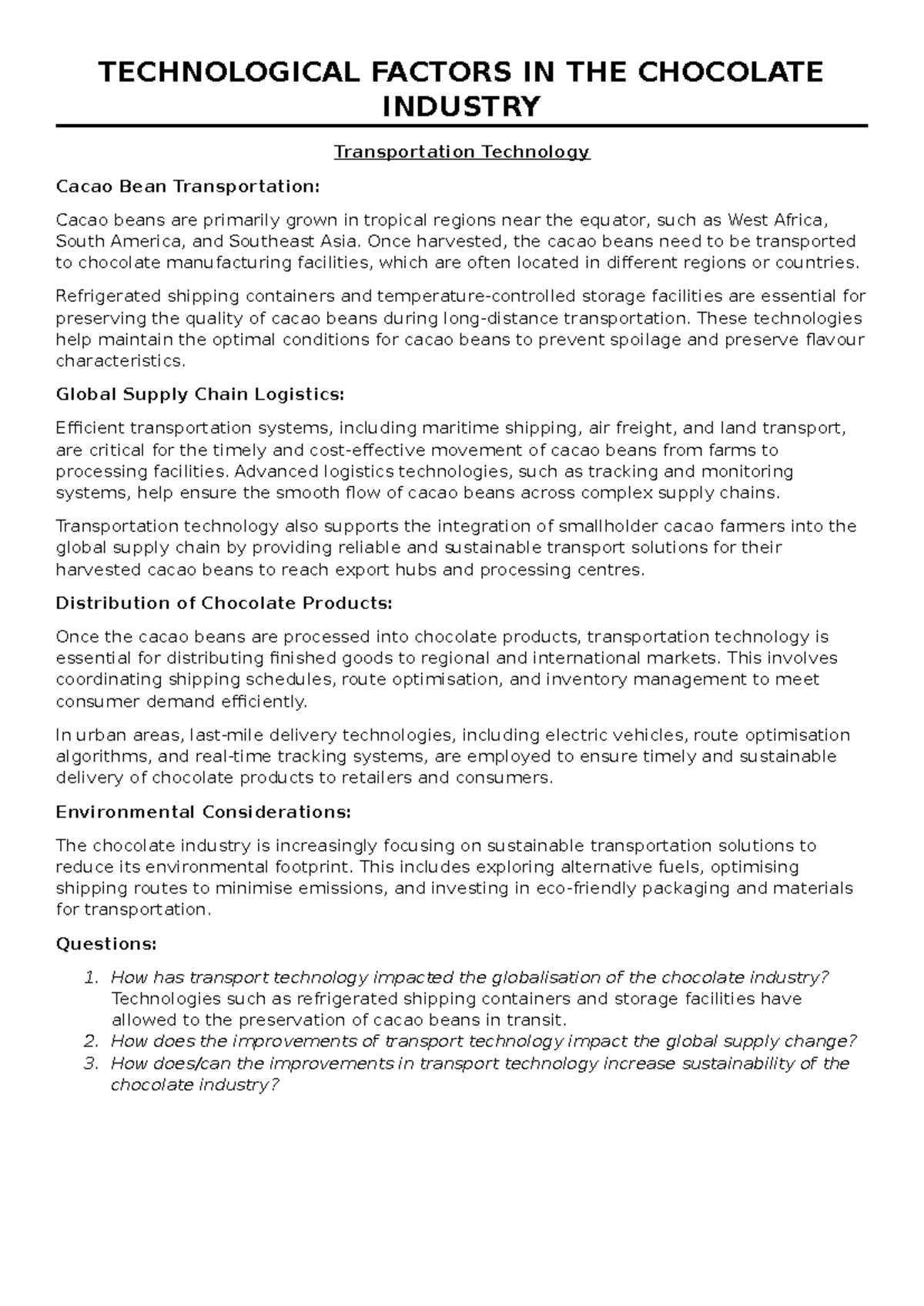 Technological Factors of Chocolate Economic Activity - TECHNOLOGICAL ...