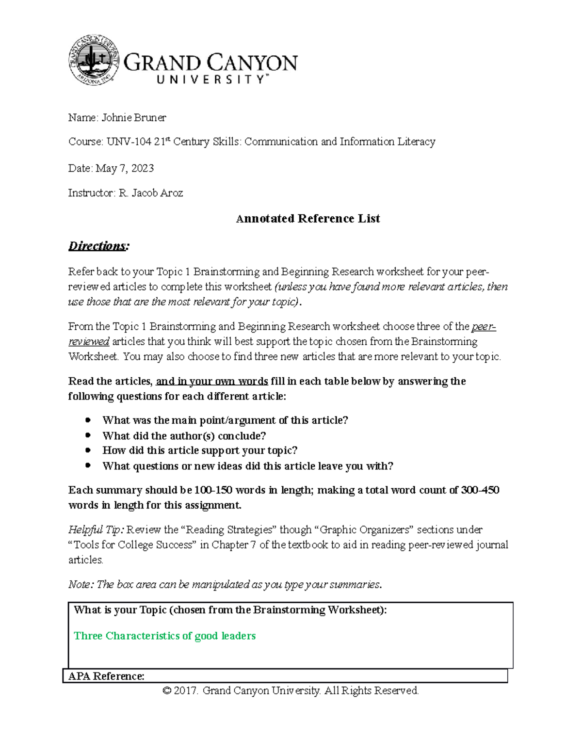 UNV 104 RS T2 Annotated Reference List - UNV-104 - GCU - Studocu