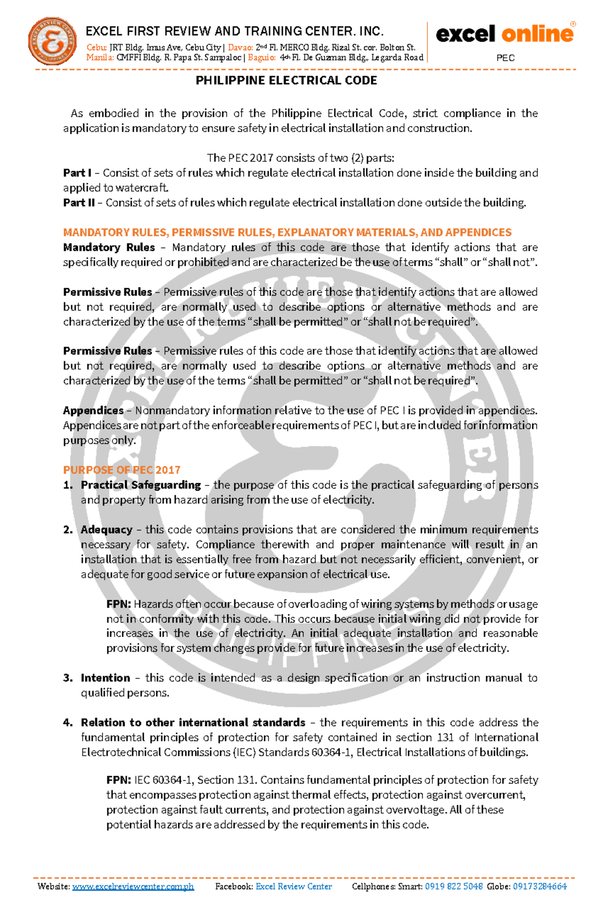 EE-PEC- Lecture - Philippines electrical code - Cebu: JRT Bldg. Imus Ave, Cebu City | Davao: 2 ...