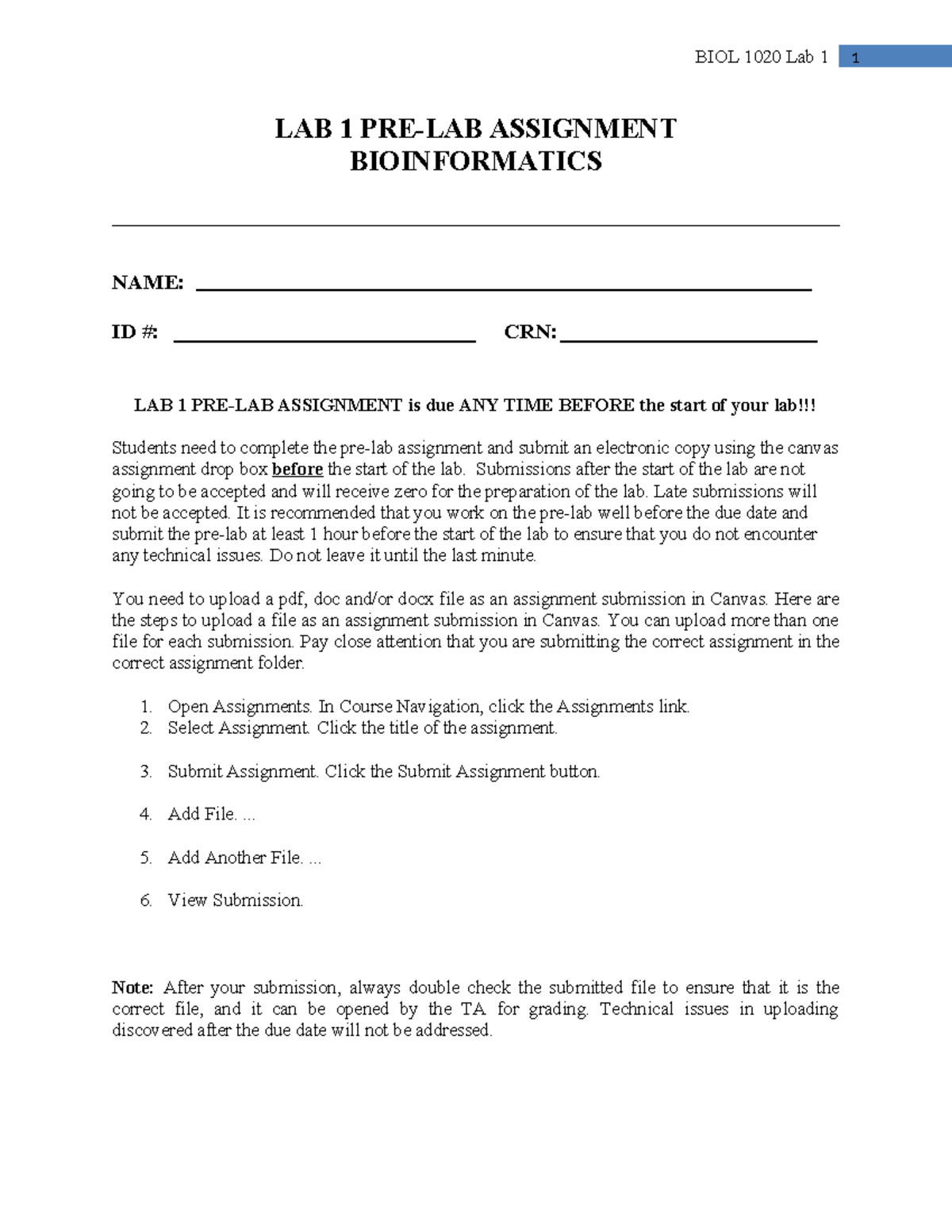 Lab 1 Pre Lab Assignment Bioinformatics 2 Biol 1020 Lab 1 1 Lab 1 Pre