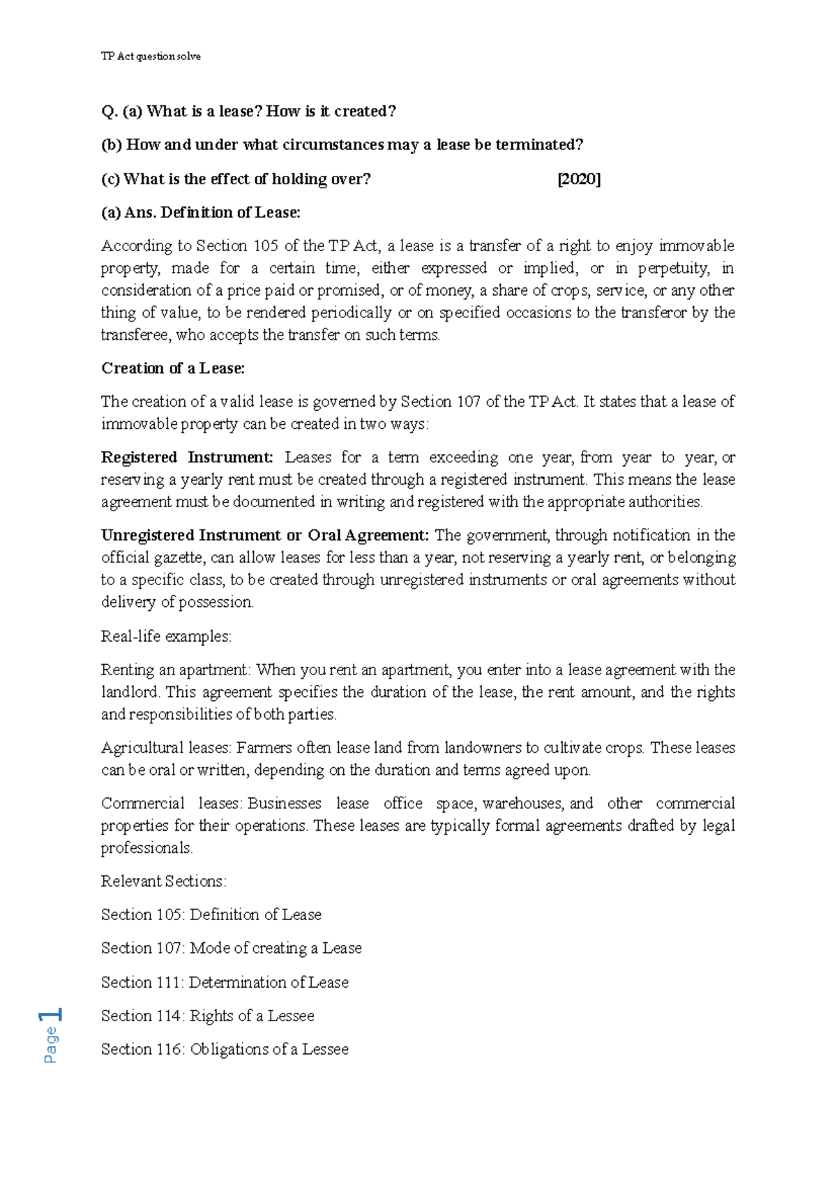 Lease and mortgage - Transfer of Property Law Question Note - 1 Q. (a ...