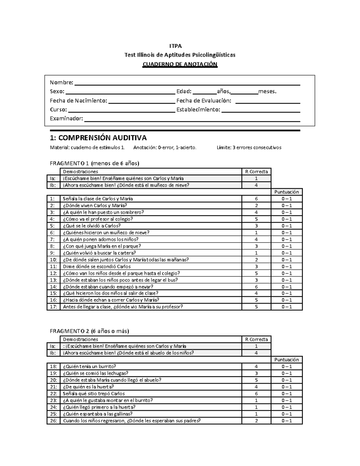 Cuaderno DE Anotaciones - ITPA Test Illinois de Aptitudes ...