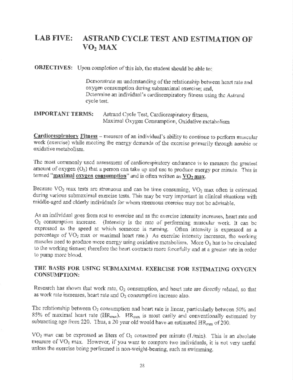 Lab 5 Astrand Cycle Test and Estimation of VO2 Max - KIN 400 - UAB ...
