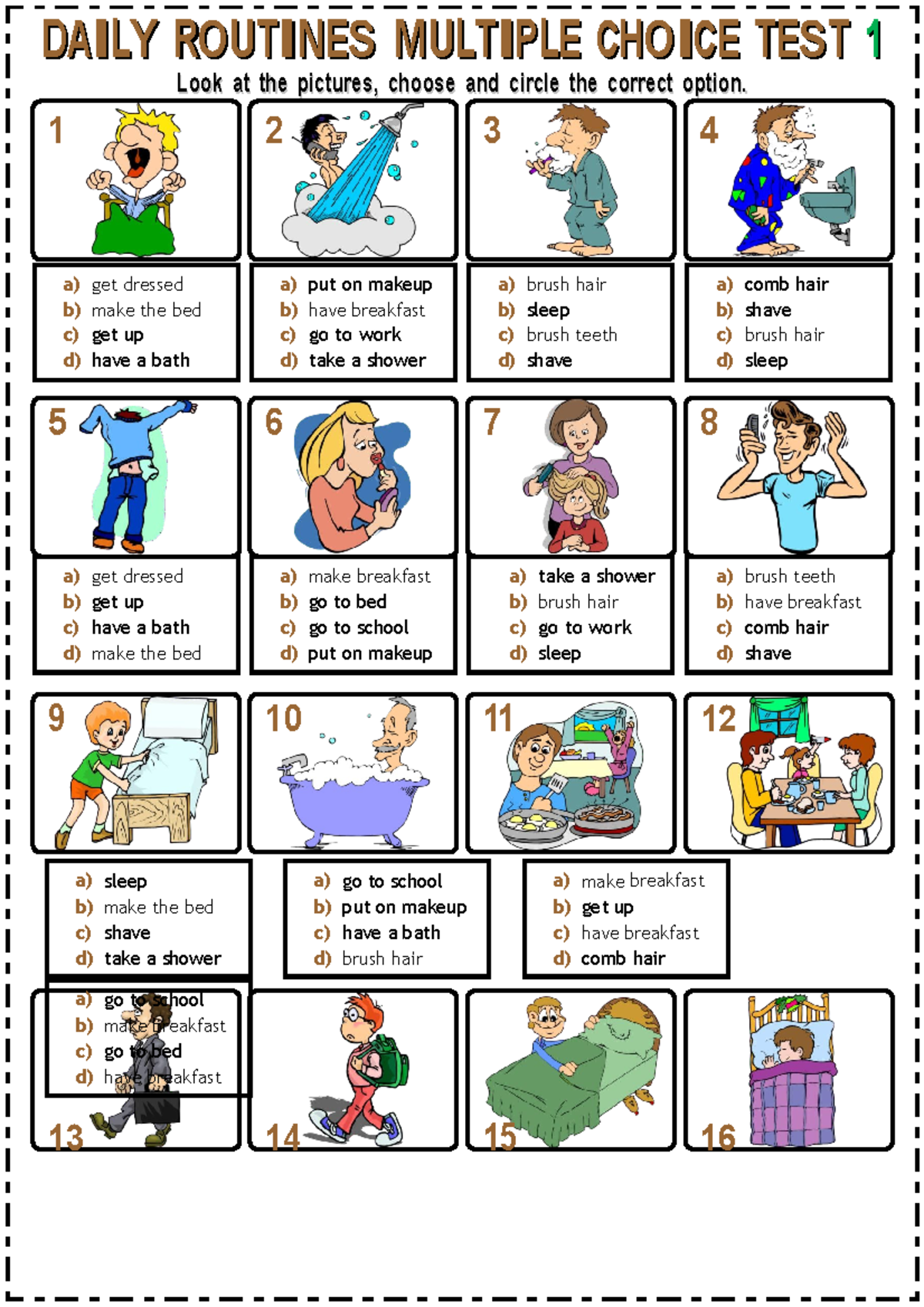 Daily routines vocabulary esl multiple choice tests for kids ...
