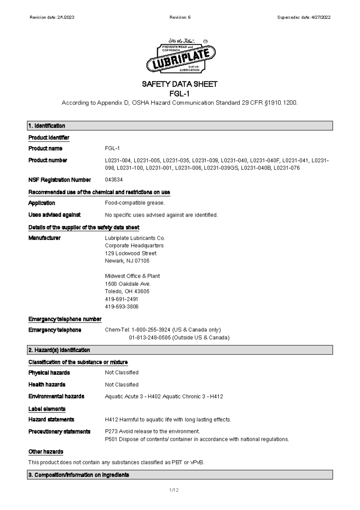 Hoja de seguridad FGL1 - SAFETY DATA SHEET FGL- According to Appendix D, OSHA Hazard ...
