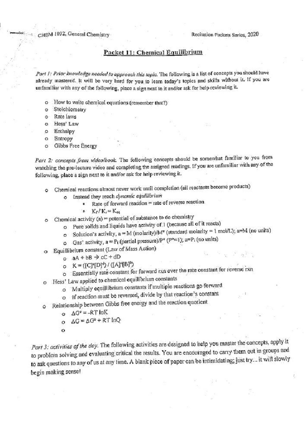 Packet 11 - CHEM 1032, General Chemistry Recitation Packets Series ...