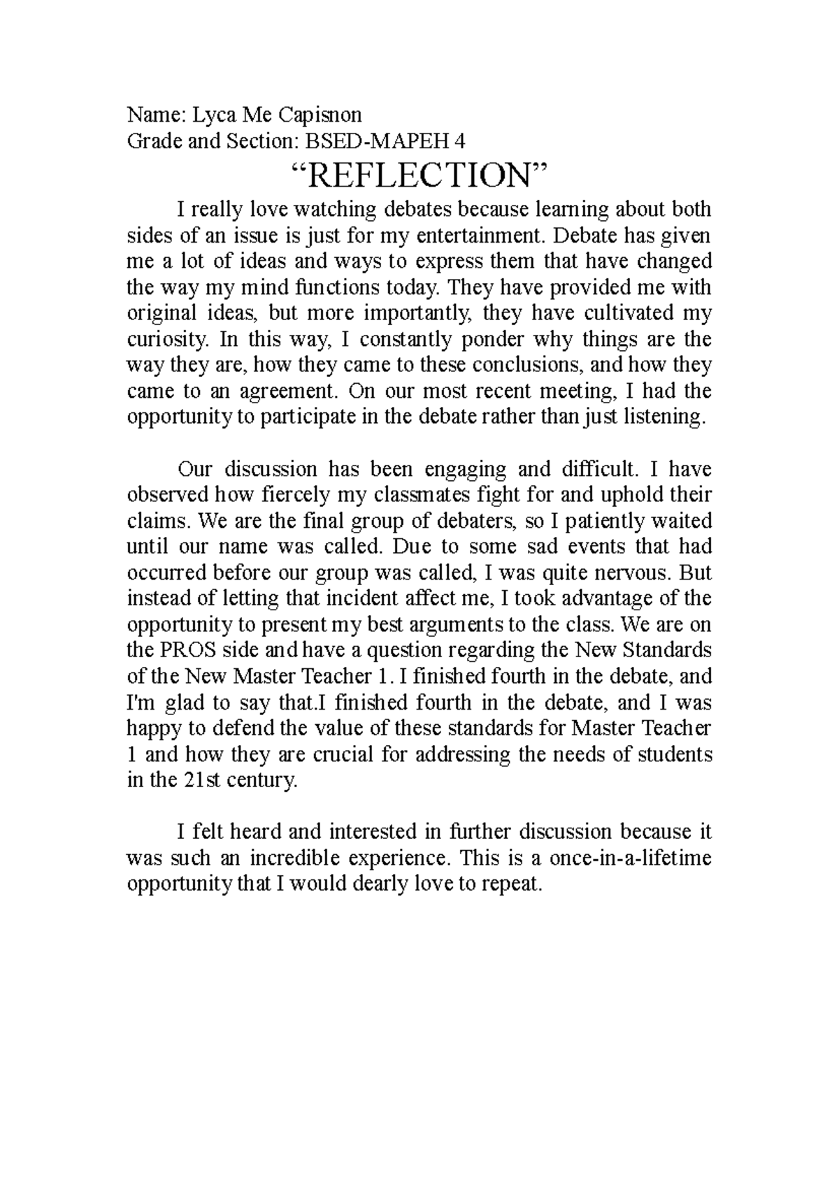 Debate reflection - njhkdueuoiasbnkcnksndkaj - Name: Lyca Me Capisnon ...