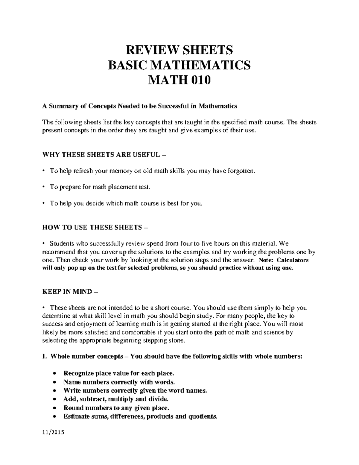 Math review - REVIEW SHEETS BASIC MATHEMATICS MATH 010 A Summary of ...