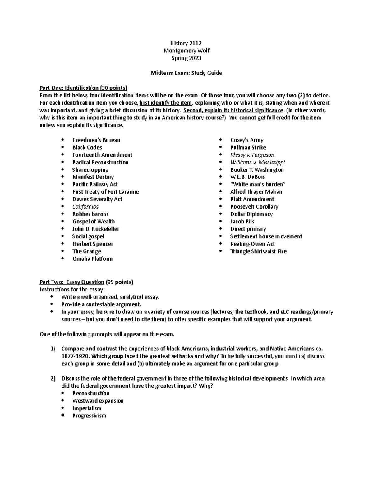 HIST 2112 Midterm Review - History 2112 Montgomery Wolf Spring 2023 ...