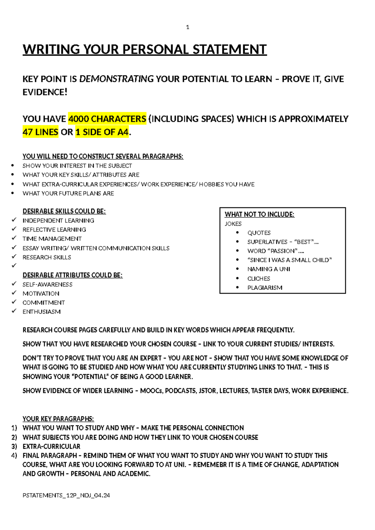 Writing YOUR Personal Statement - WRITING YOUR PERSONAL STATEMENT KEY ...