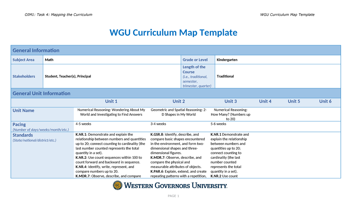 D183 Task4 - WGU Curriculum Map Template General Information Subject ...