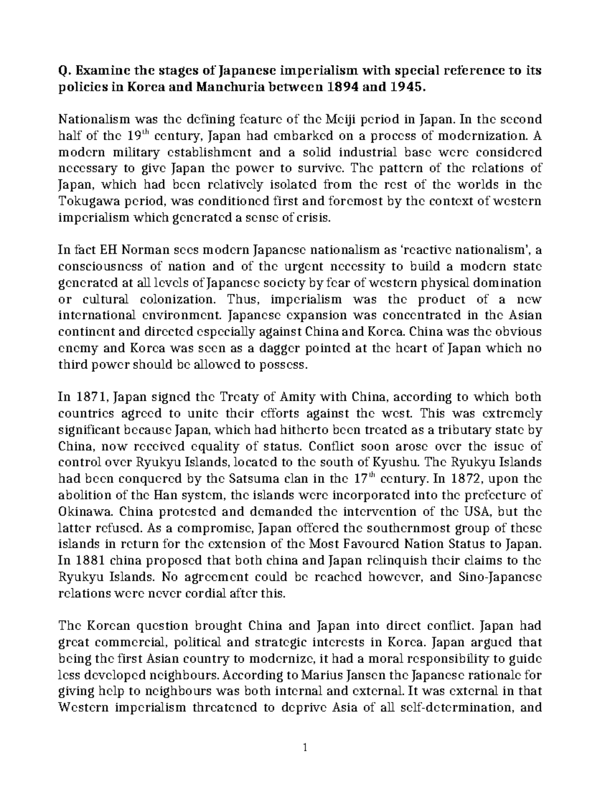 Japanese Imperialism with refrence to Korea - Q. Examine the stages of ...