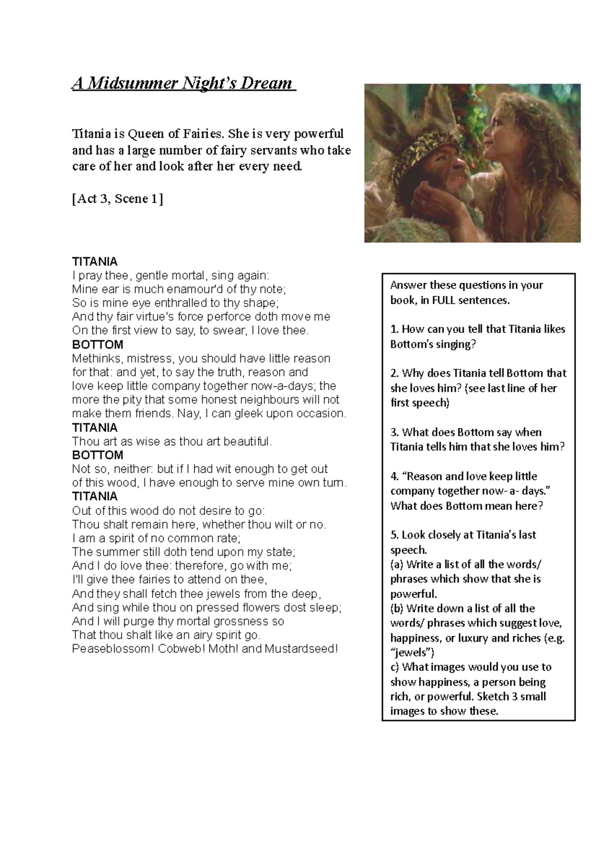 L9 Titania Worksheet - Shakespeare revision / notes - A Midsummer Night ...