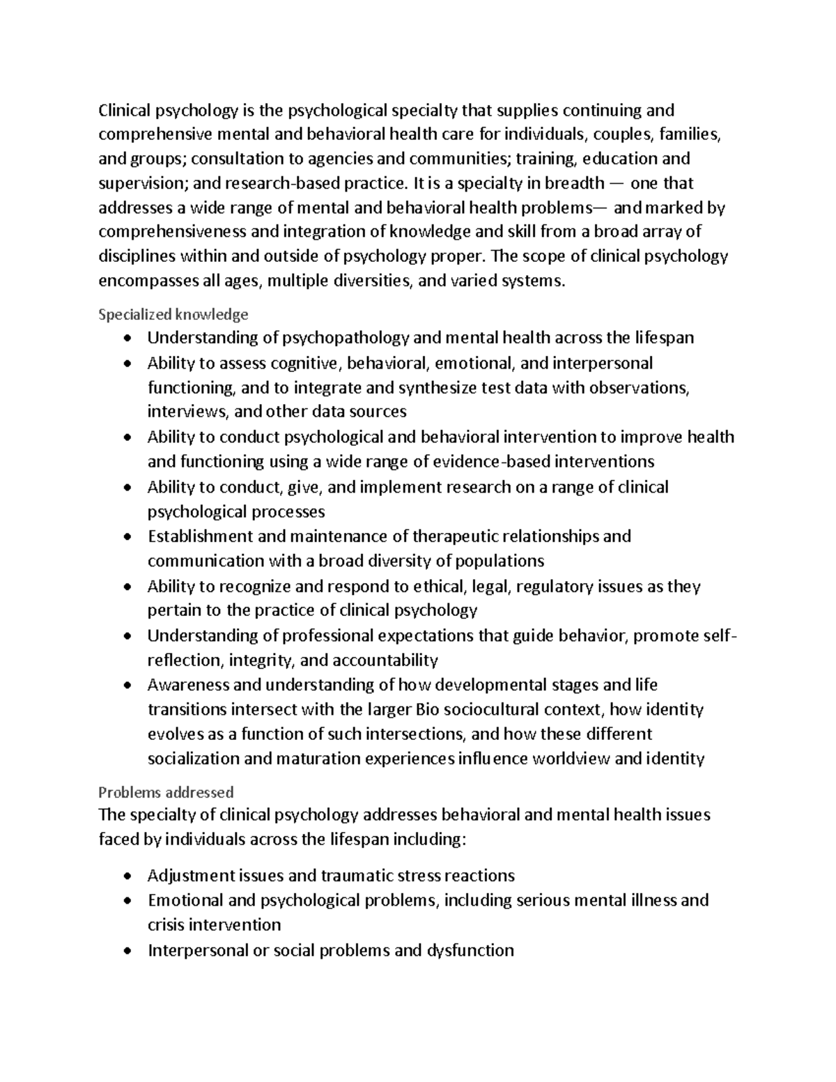 Clinical Psychology Notes - Clinical psychology is the psychological ...