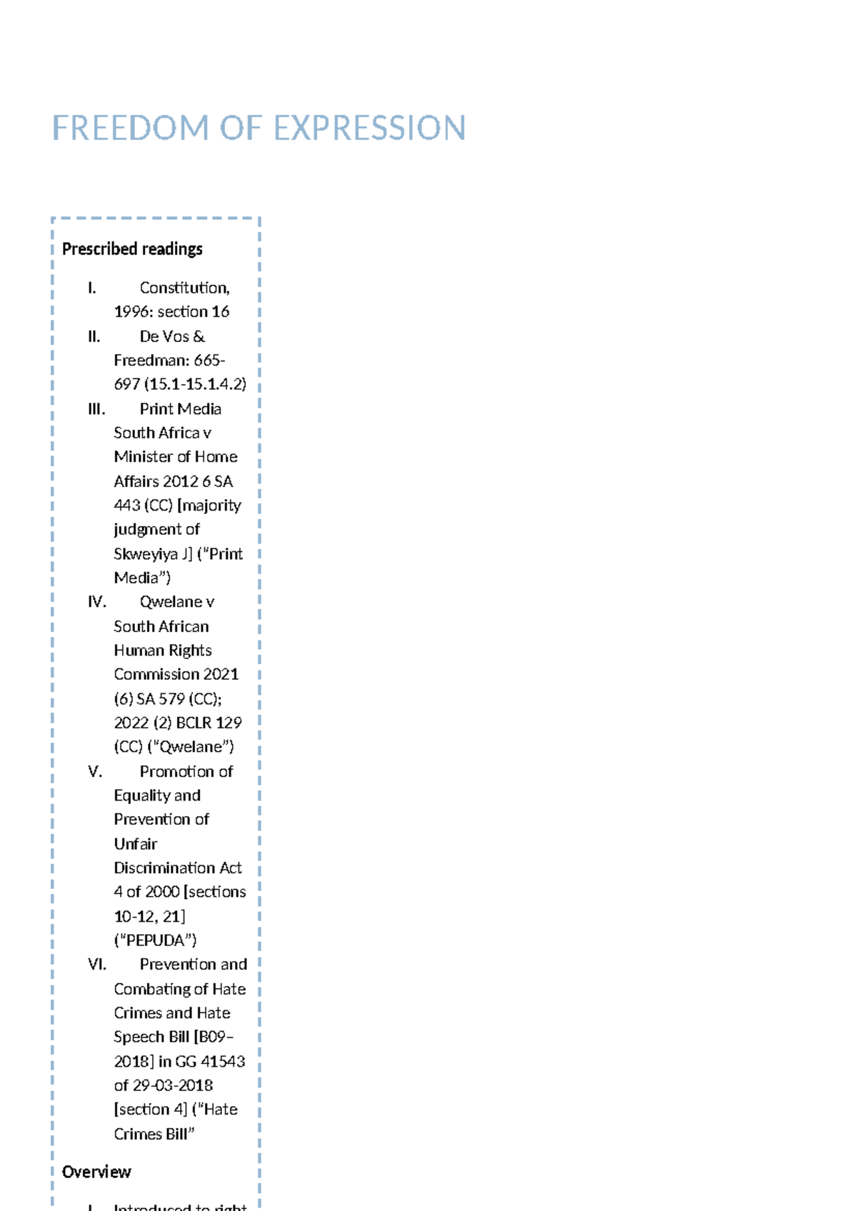 2. Freedom of expression - FREEDOM OF EXPRESSION Prescribed readings I. Constitution, 1996 ...